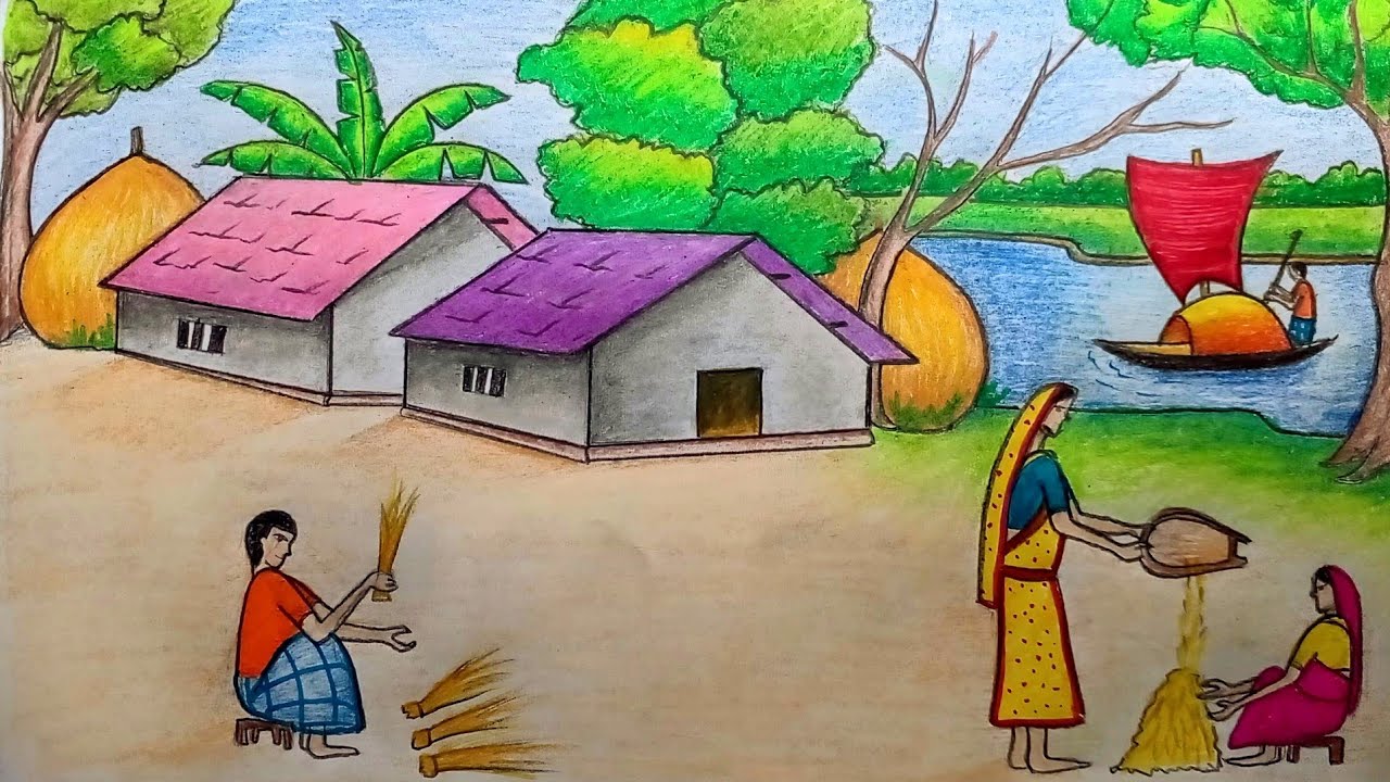 A Beautiful Village scenery drawing | Village drawing | Nature scenery ...