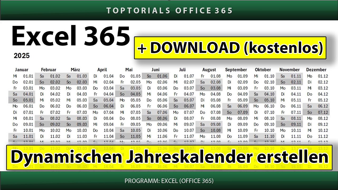 Dynamischen Jahreskalender erstellen ganz einfach + DOWNLOAD | Excel ...