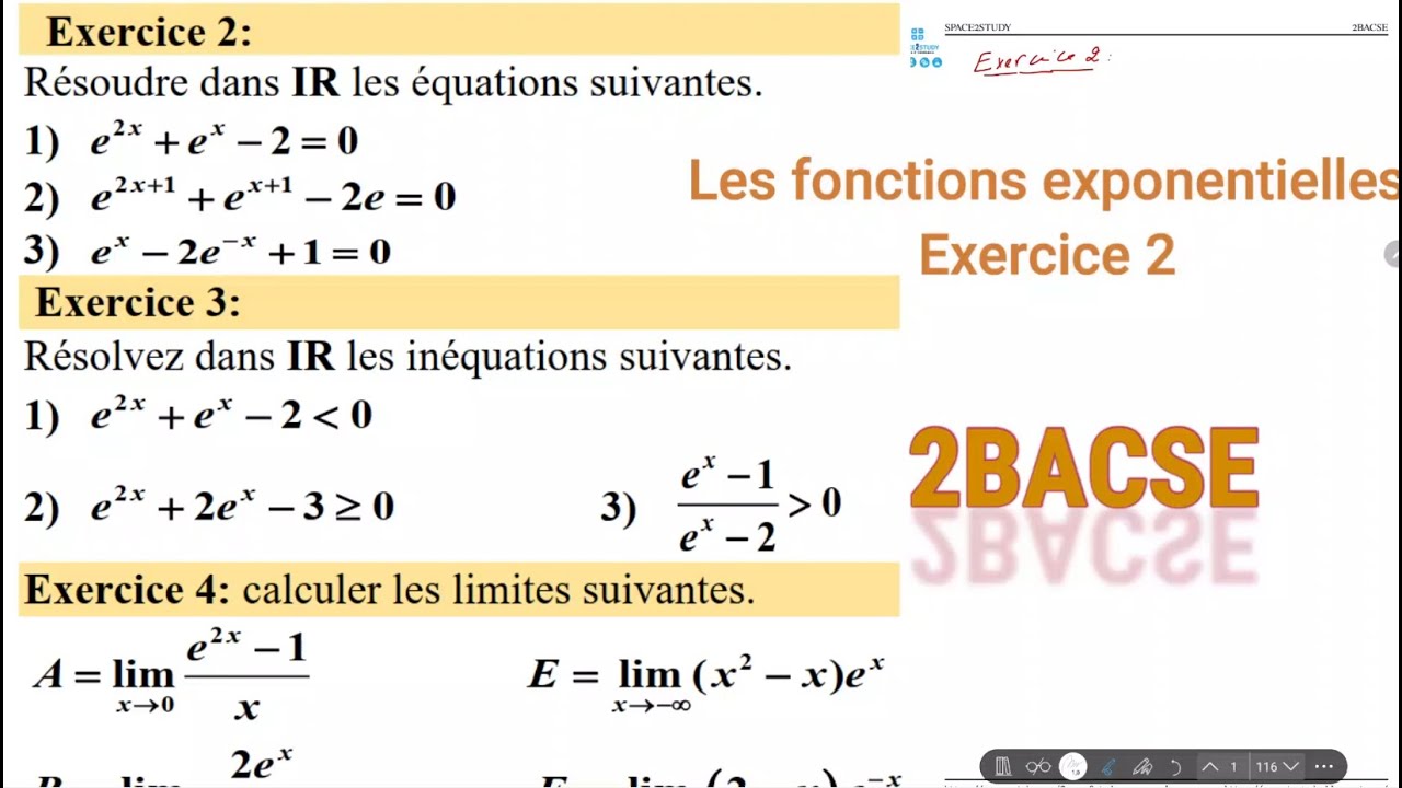 Exercice 2 ( Les équations ) Les fonctions exponentielles - 2BACSE ...