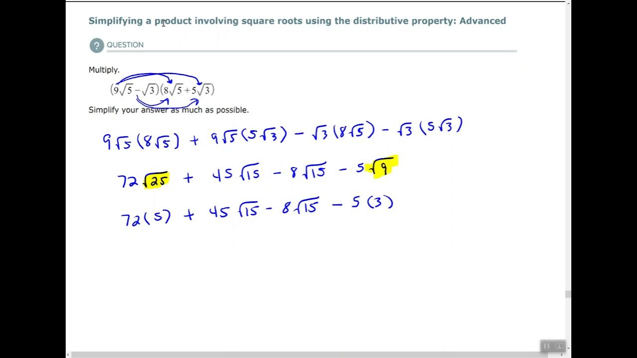 Simplifying a product involving square roots using the distributive property: Advanced - YouTube