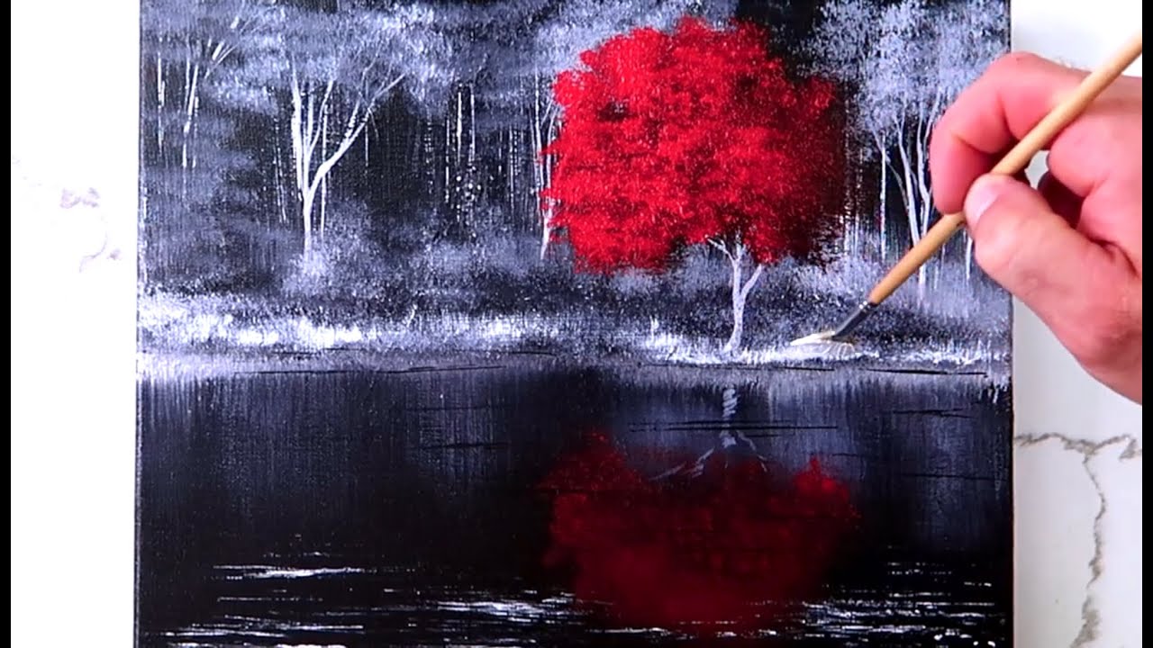 RED TREE | black canvas | ACRYLICS | easy for BEGINNERS | painting ...