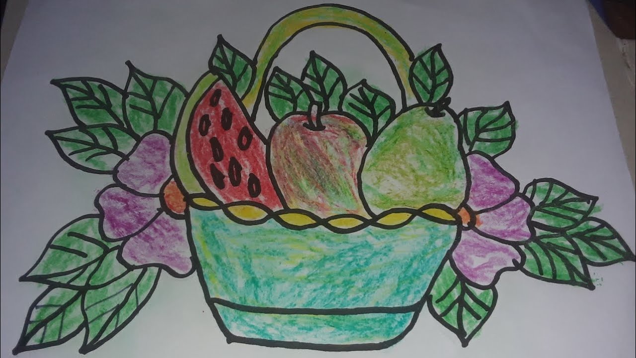 How to draw and color fruits basket// Fruits basket drawing and ...