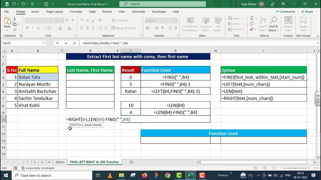 FIND, LEFT, RIGHT and LEN Functions Extract First Last Name, Then First Name - YouTube