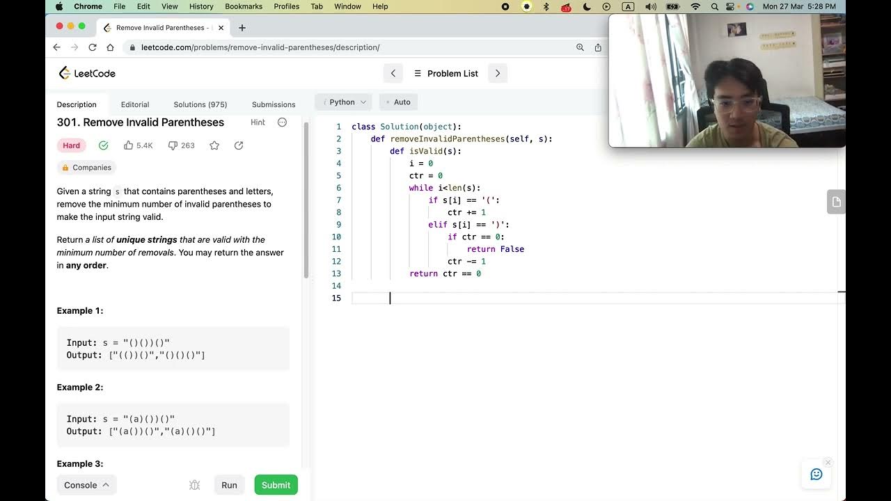 Leetcode 301 - Invalid Parenthesis (Full Python explanation - easy and slick solution) - YouTube