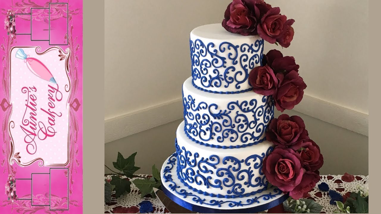 Navy Scrolls Wedding Cake - YouTube