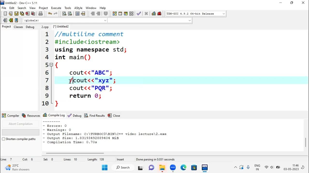 Multiline Comment C Programming Youtube