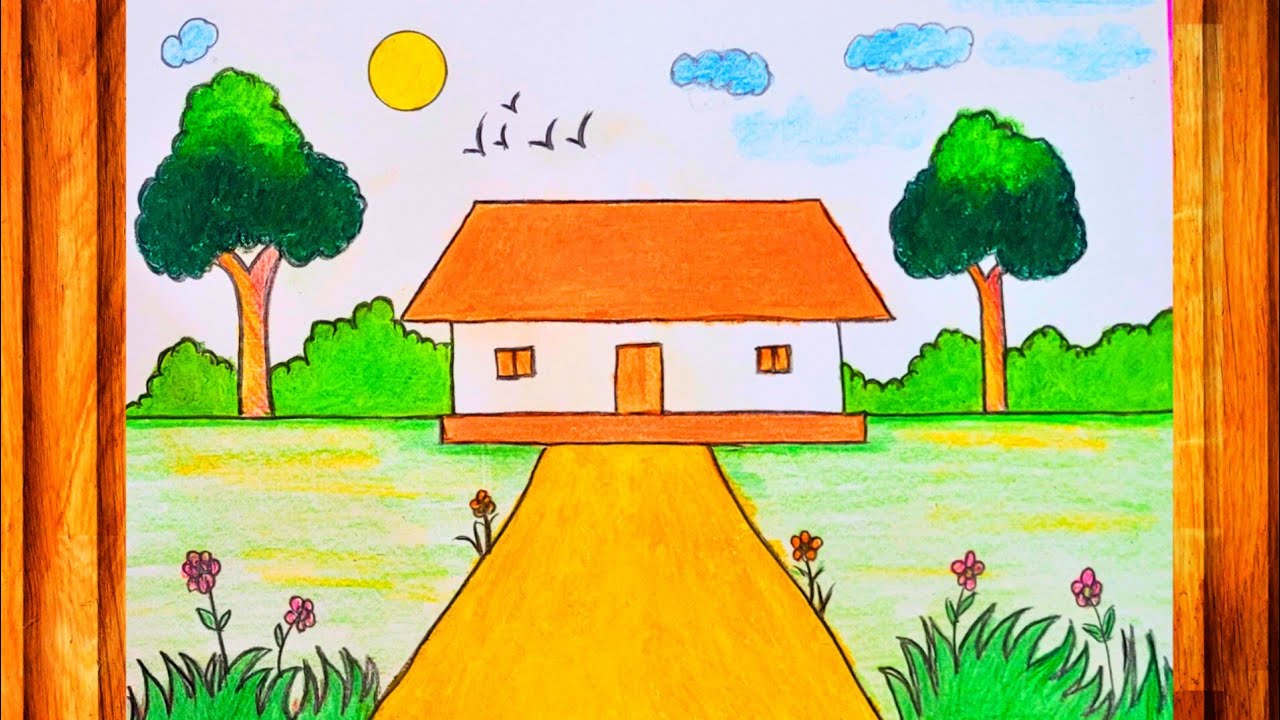How to draw easy scenery drawing and colour//prakritik drishya//Oil ...