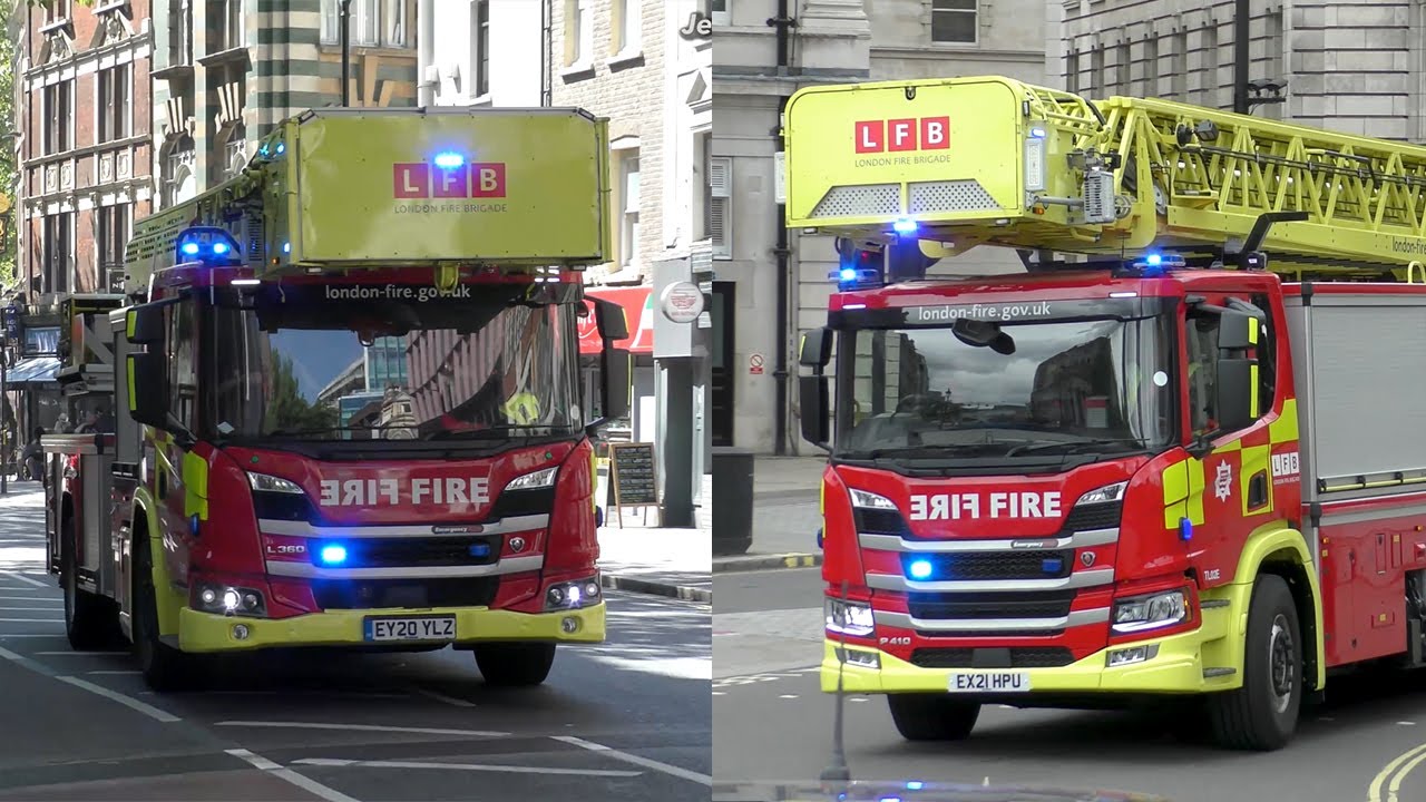 London Fire Brigade 64 vs 32 Meter Turntable Ladder Responding in ...