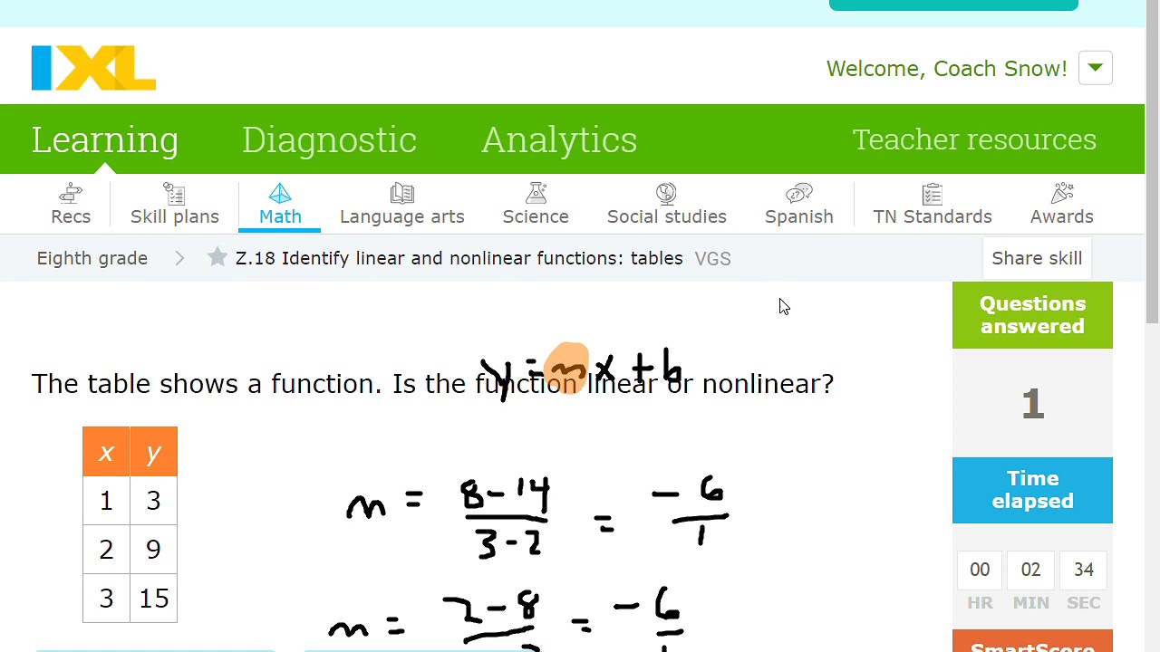 8th grade Math IXL Z 18 Identify linear and nonlinear functions table - YouTube
