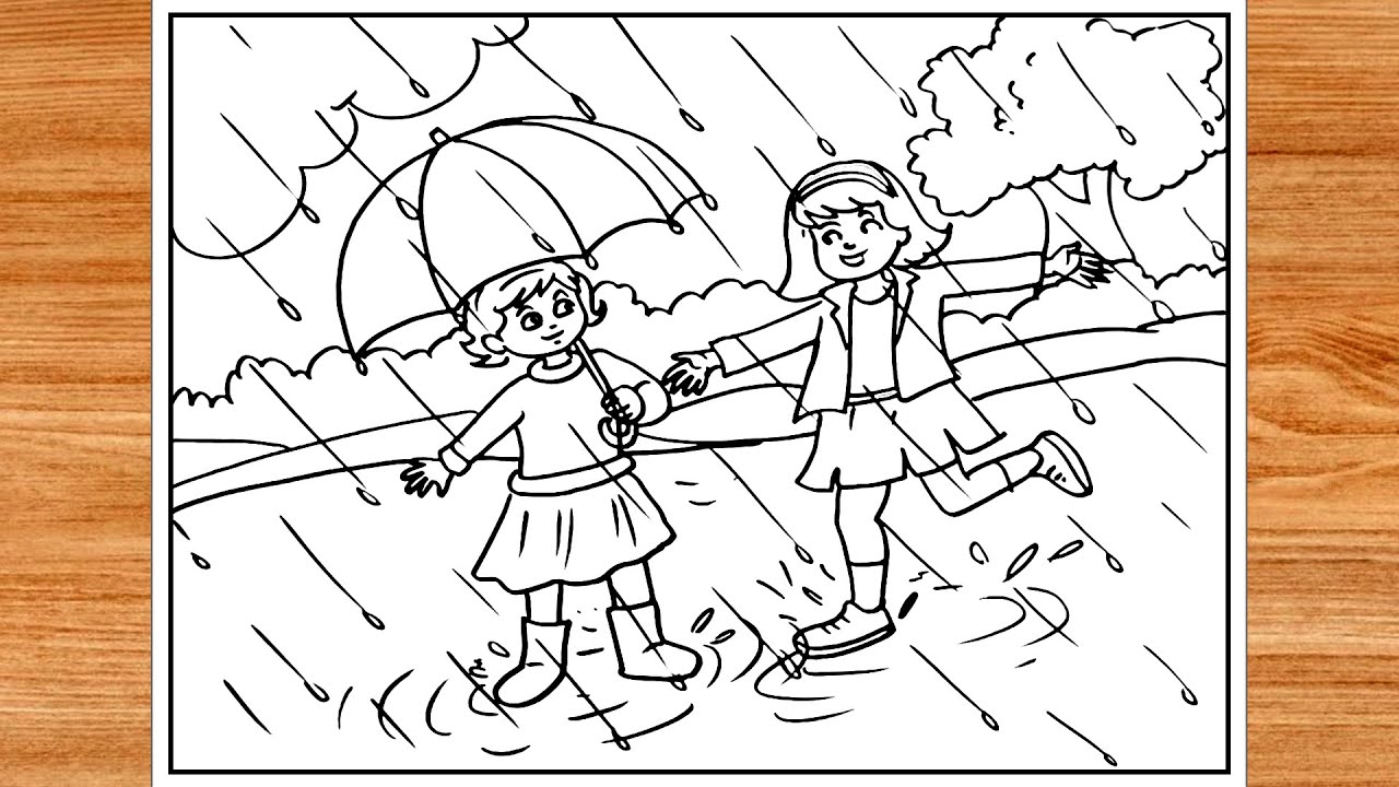 How To Draw Two Cute Girl Playing In Rain / Rainy Season Drawing ...