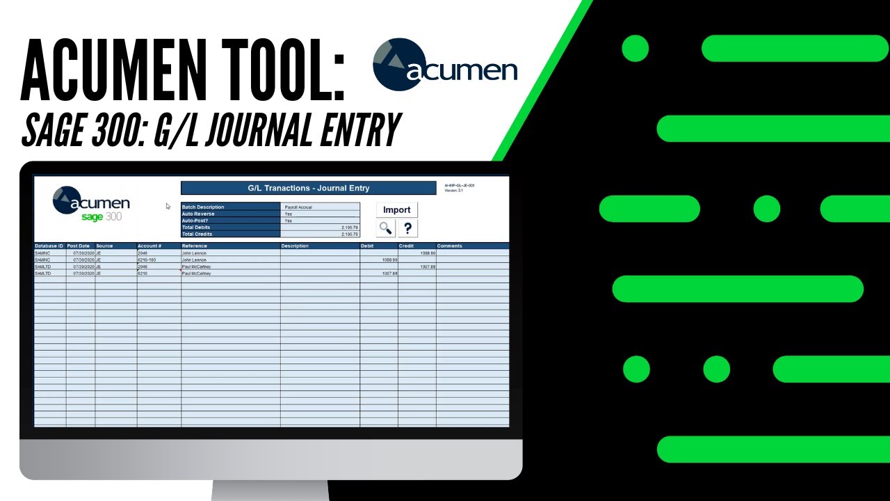 Sage 300 Acumen Tools: General Ledger - Journal Entry - YouTube