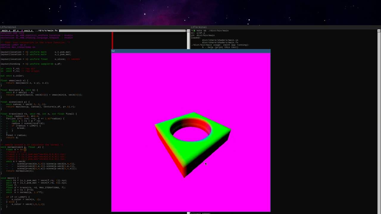 Distance Field GPU Raymarching (Normals only) (CSG results) - YouTube
