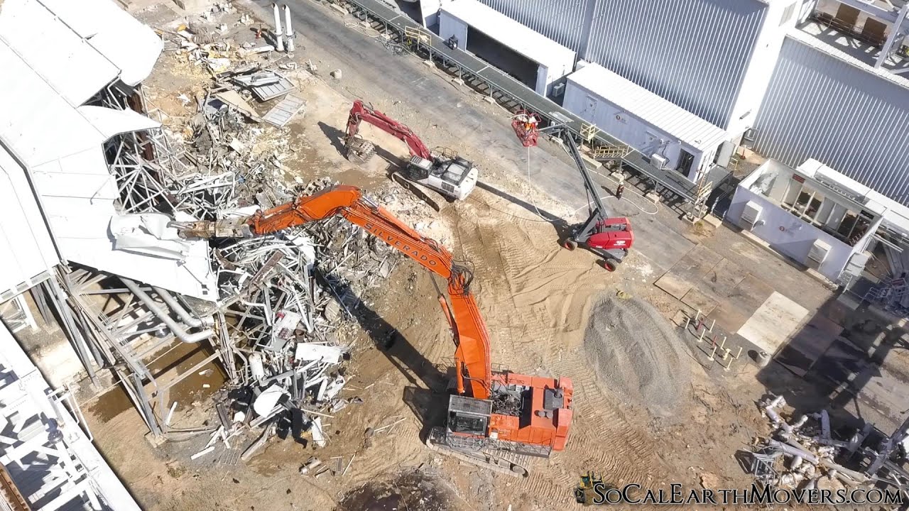 Hitachi EX1200 power plant demolition - Birds eye view - YouTube