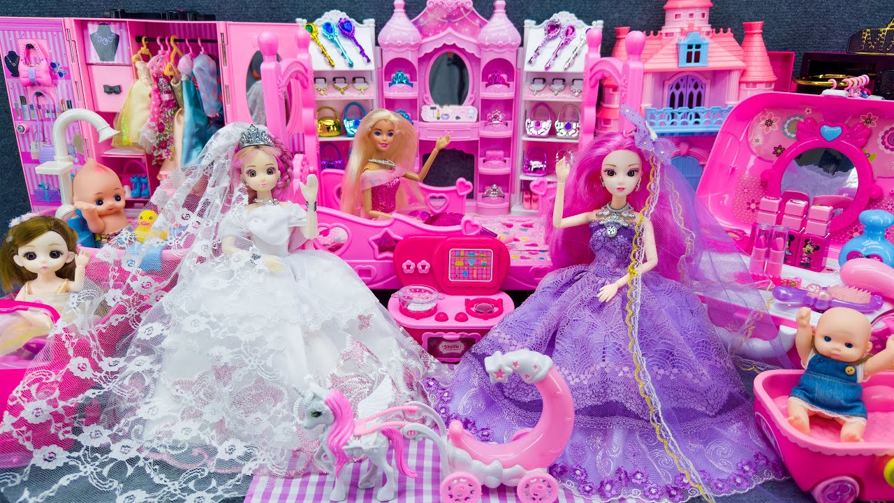 20 Minutes Unboxing Pink Princess Doll House Toys, Wedding Bed ...
