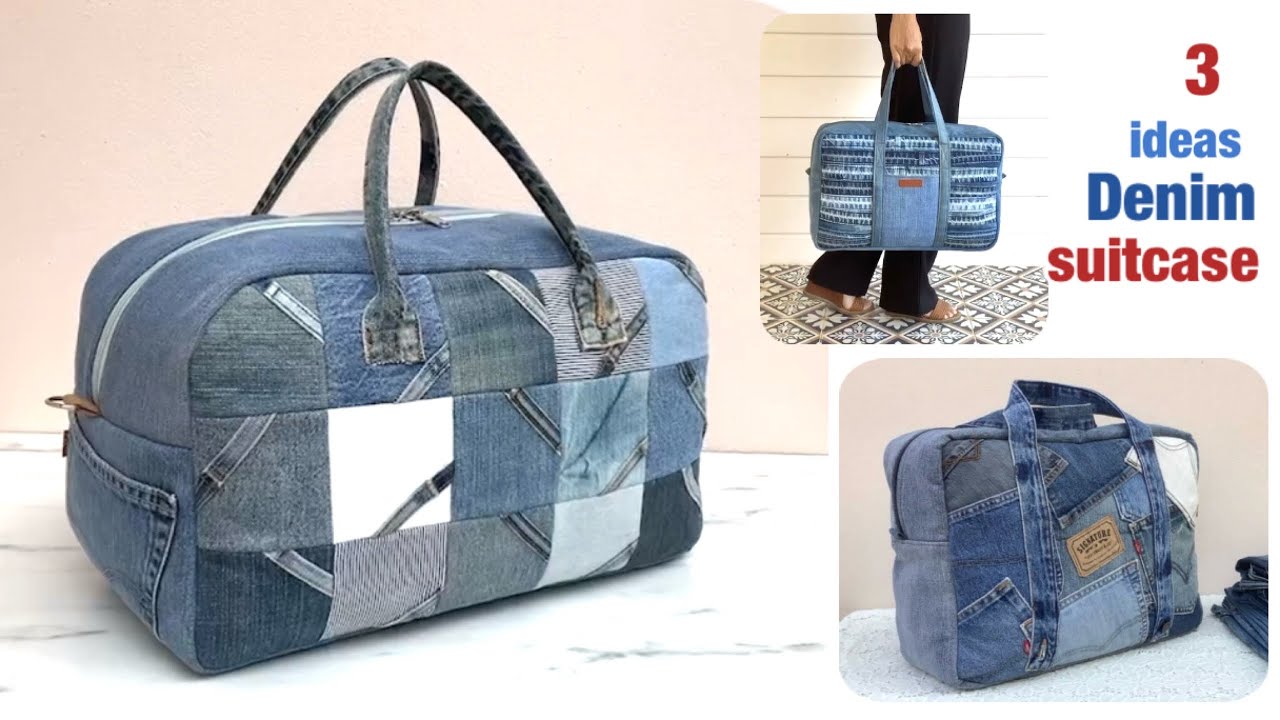3 ideas large denim suitcase tutorial ,diy suitcase from old jeans , denim travel bag ideas ...