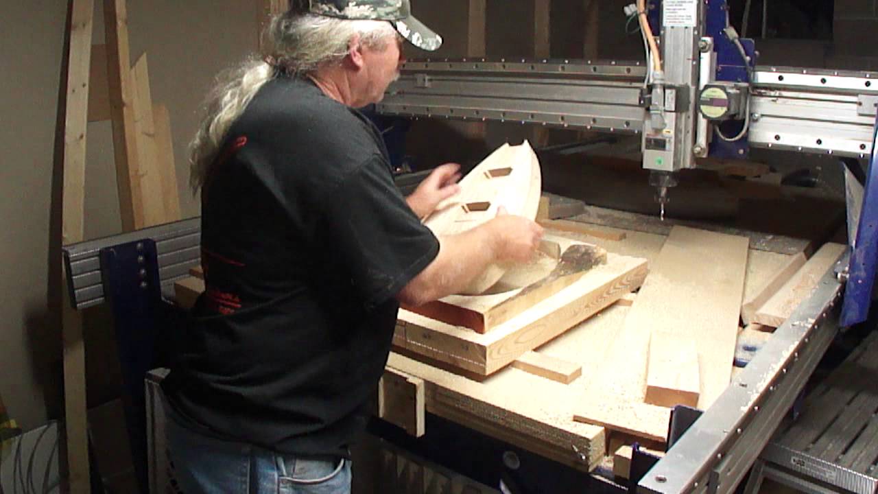 Video #9 Mark McFeely Custom Guitars CNC machine cutting out a teardrop ...