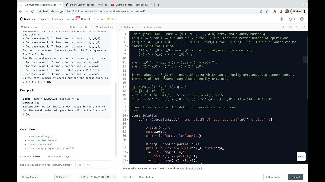 Leetcode 2602 Minimum Operations To Make All Array Elements Equal Partial Sum Binary Search
