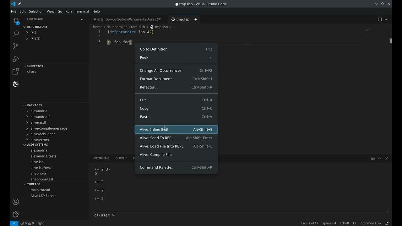 Common Lisp in VS Code: Inline Eval and Format Code demonstration - YouTube