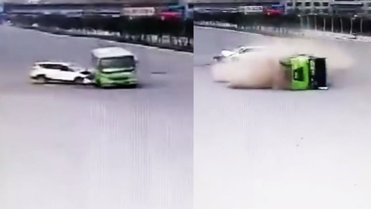 Car crashes into bus, flipping it over and trapping passengers inside ...