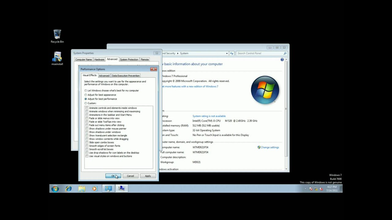 Adjusting Windows 7 Performance Settings - YouTube