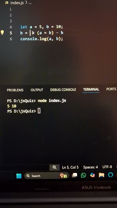 Swap Two Numbers in JavaScript | ONE Line | No Temp Variable | #QuizifyCoder - YouTube
