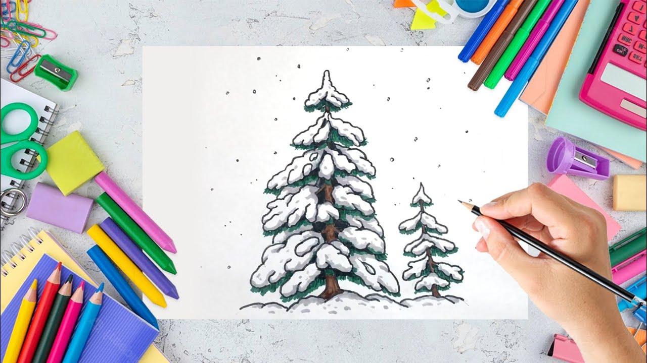 Snow Covered Tree Drawing and Coloring pages | How to Draw Winter Tree ...