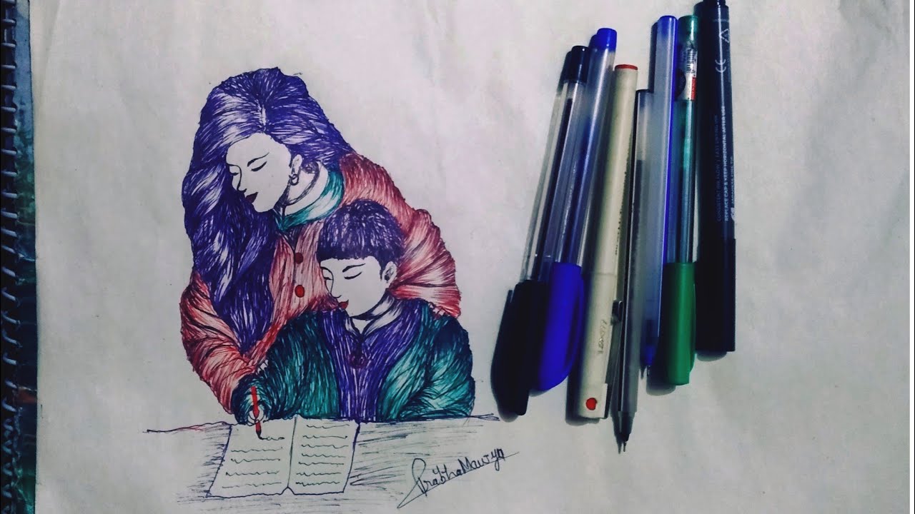 woman teaching a child// coloured pen drawing//woman drawing with child ...