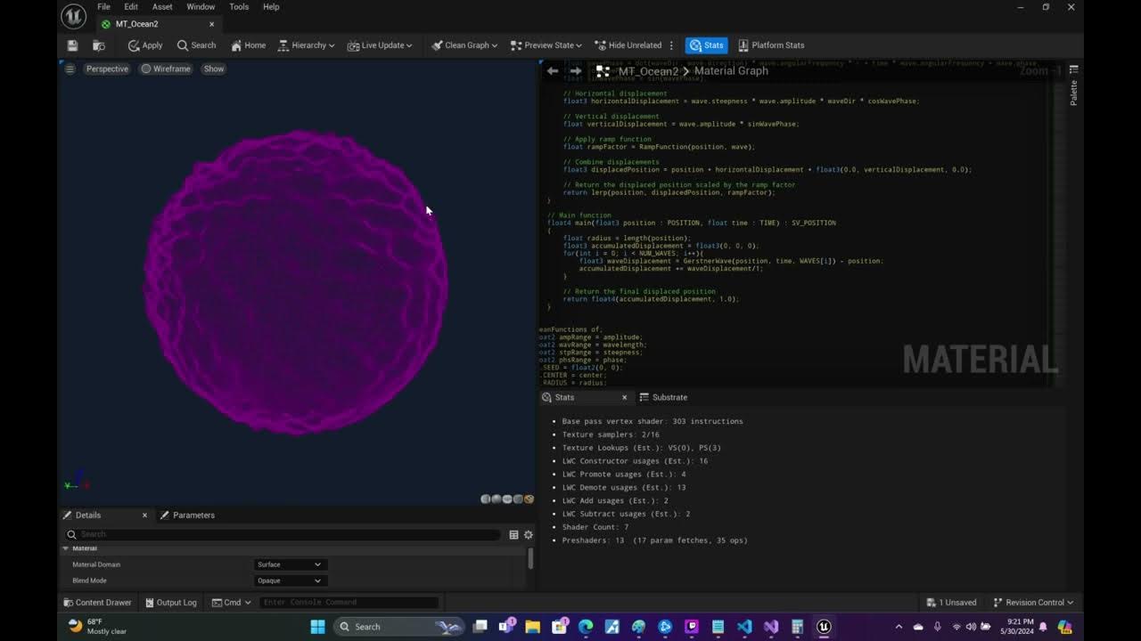 UE 5.4 - Continuing work on Ocean shader, wave function experiments. - YouTube