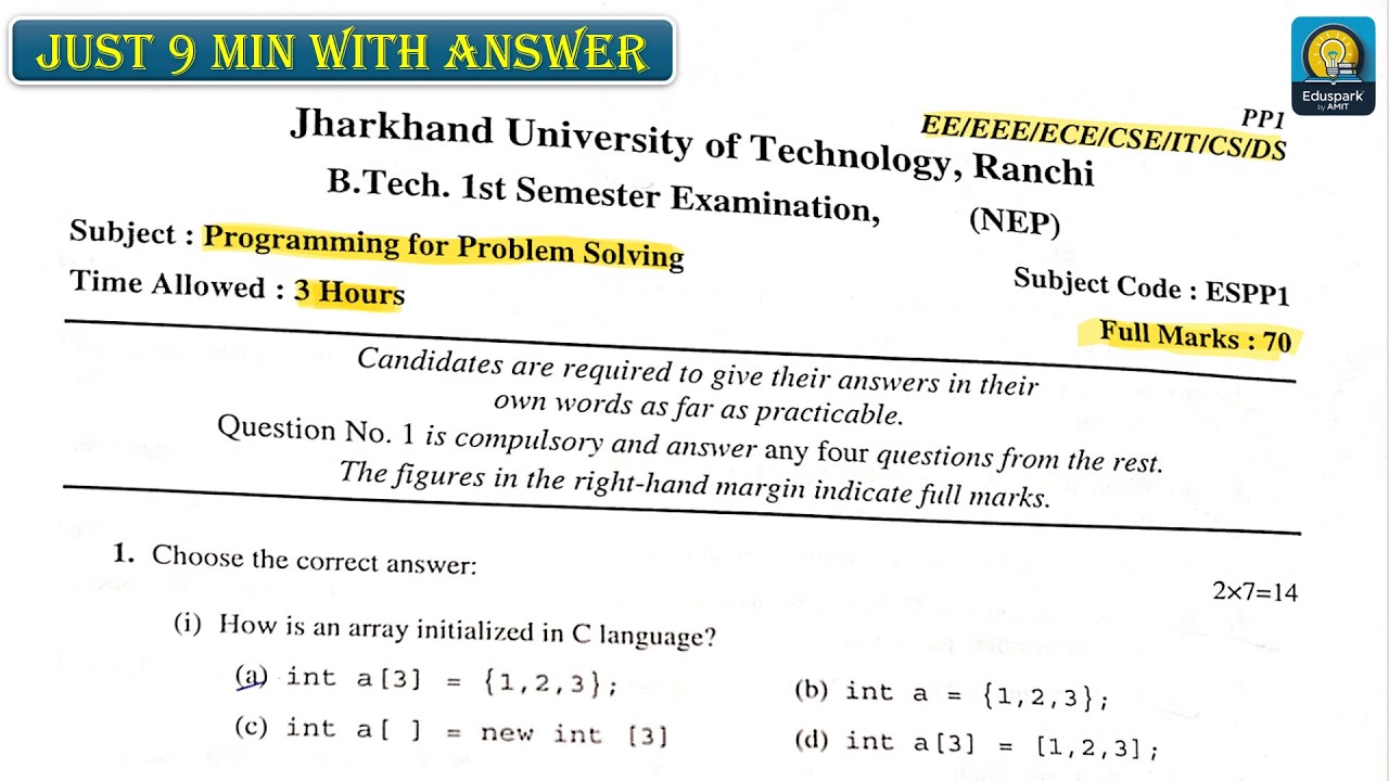 PPS (Programming for Problem Solving) PYQ Solution | JUT B.Tech 1st Years | Important Questions ...