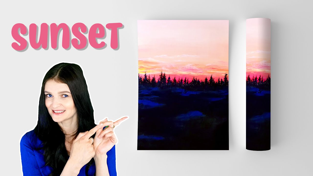 easy PINK SUNSET (Acrylic Painting for Beginners) - YouTube