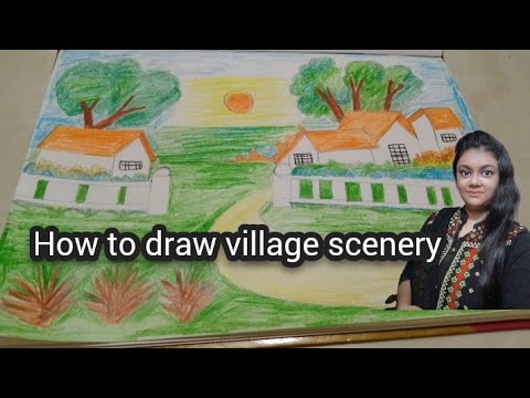 How to draw a village house scenerywith colour | Landscape village ...