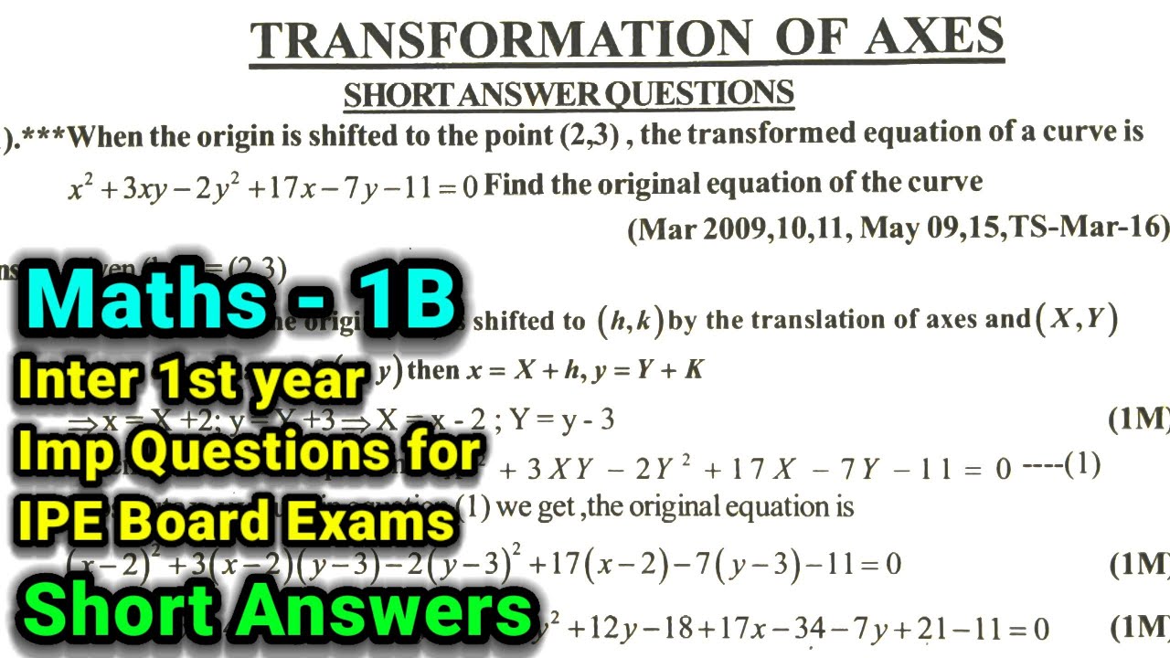 Inter 1st year | Maths-1B| 2.Transformation Of Axis chapter | Important ...