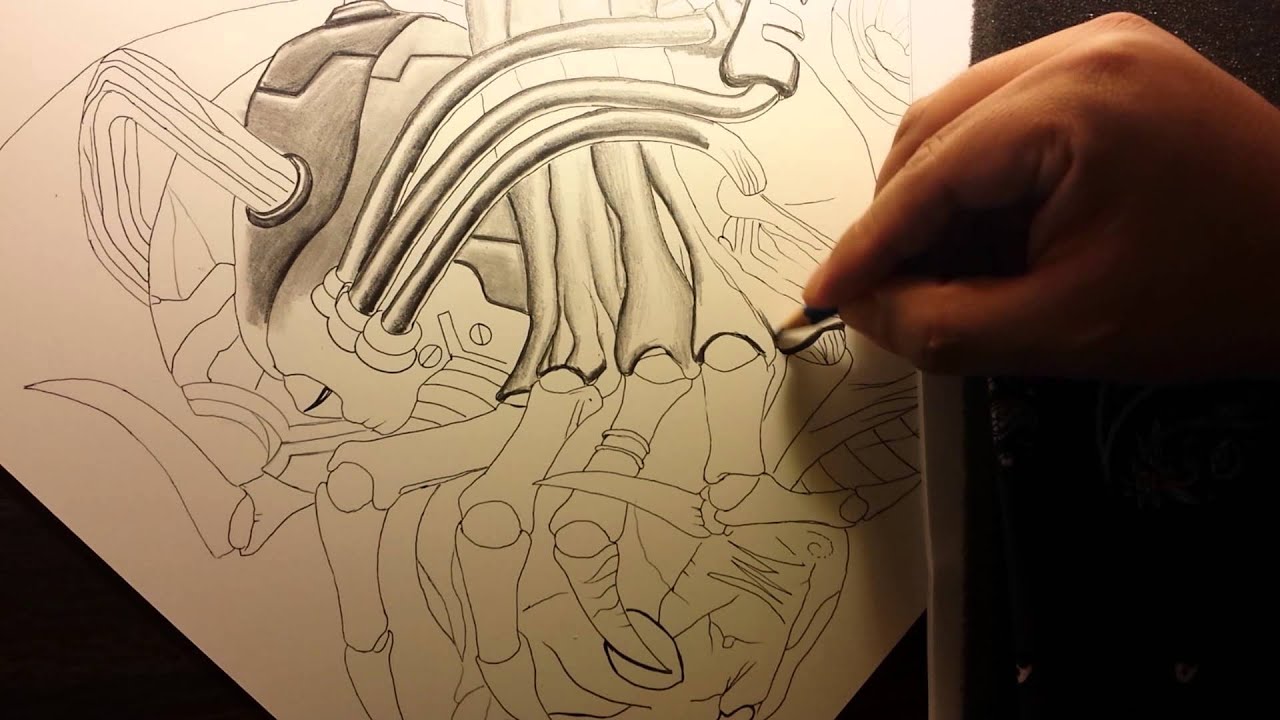 Drawing a biomechanical tattoo. PART 5 - YouTube