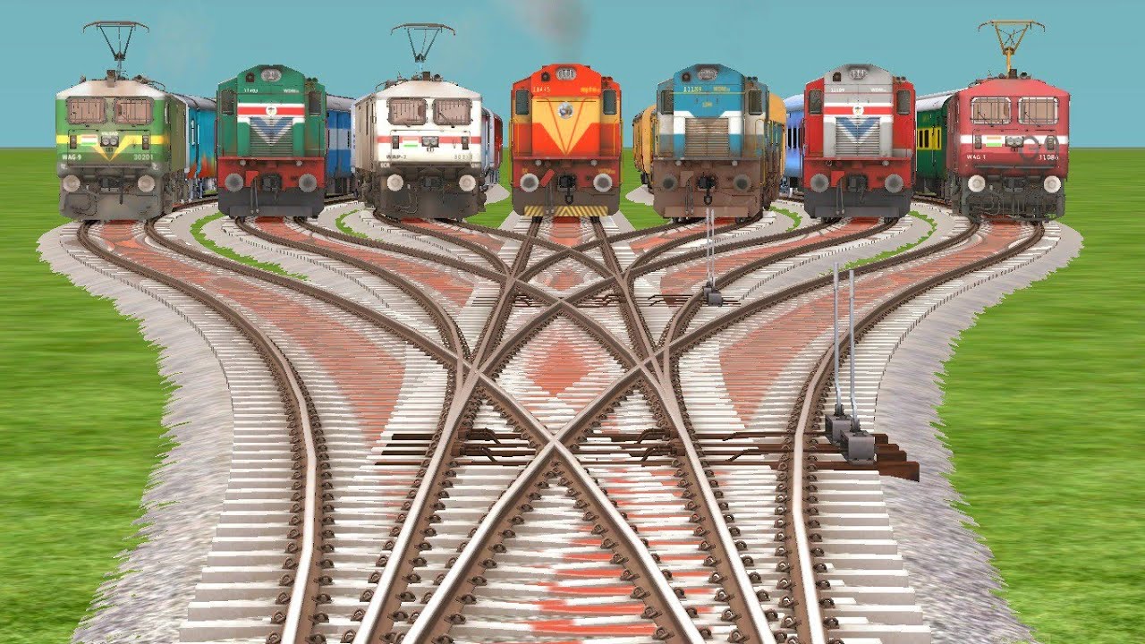 7 LINE TRAINS CROSSING AT BUMPY FORKED BRANCHED RAILROAD CROSSING ...