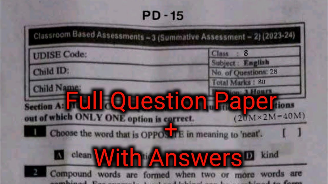 8th class english Cba-3 Sa-2 real question paper 2024|Ap 8th class Sa2 ...