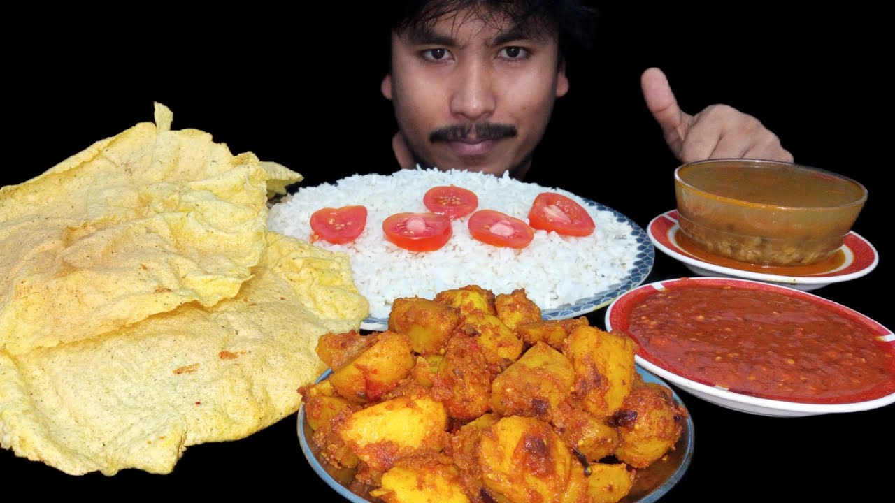 EATING SPICY POTATO FRY AND SPICY ACHAR, PAPAD DAL WITH RICE EATING ...