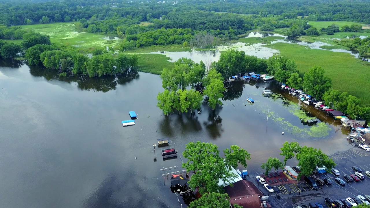 Aerial Video of Fox River Flooded over Rawson Bridge Road in Lake ...