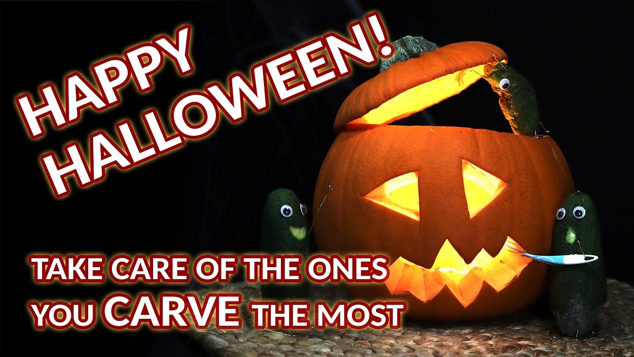 It's a tough job! - Halloween Pumpkin with cucumber friends - Timelapse ...
