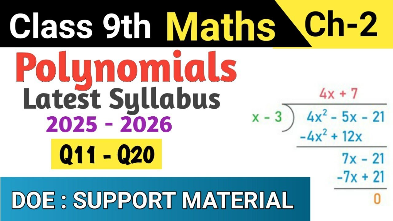 Class 9 Maths Chapter 2 Polynomials DOE Support Material | Q11 - Q20 ...
