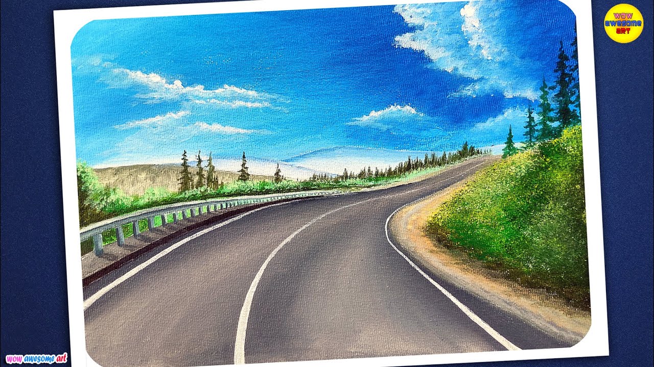 Drawing Challenge #36｜Acrylic｜Acrylic drawing road scenery｜How to draw ...