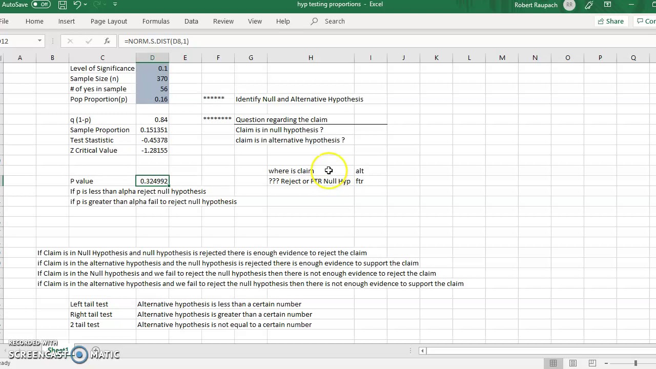 Hyp Testing Proportions p vs alpha - YouTube