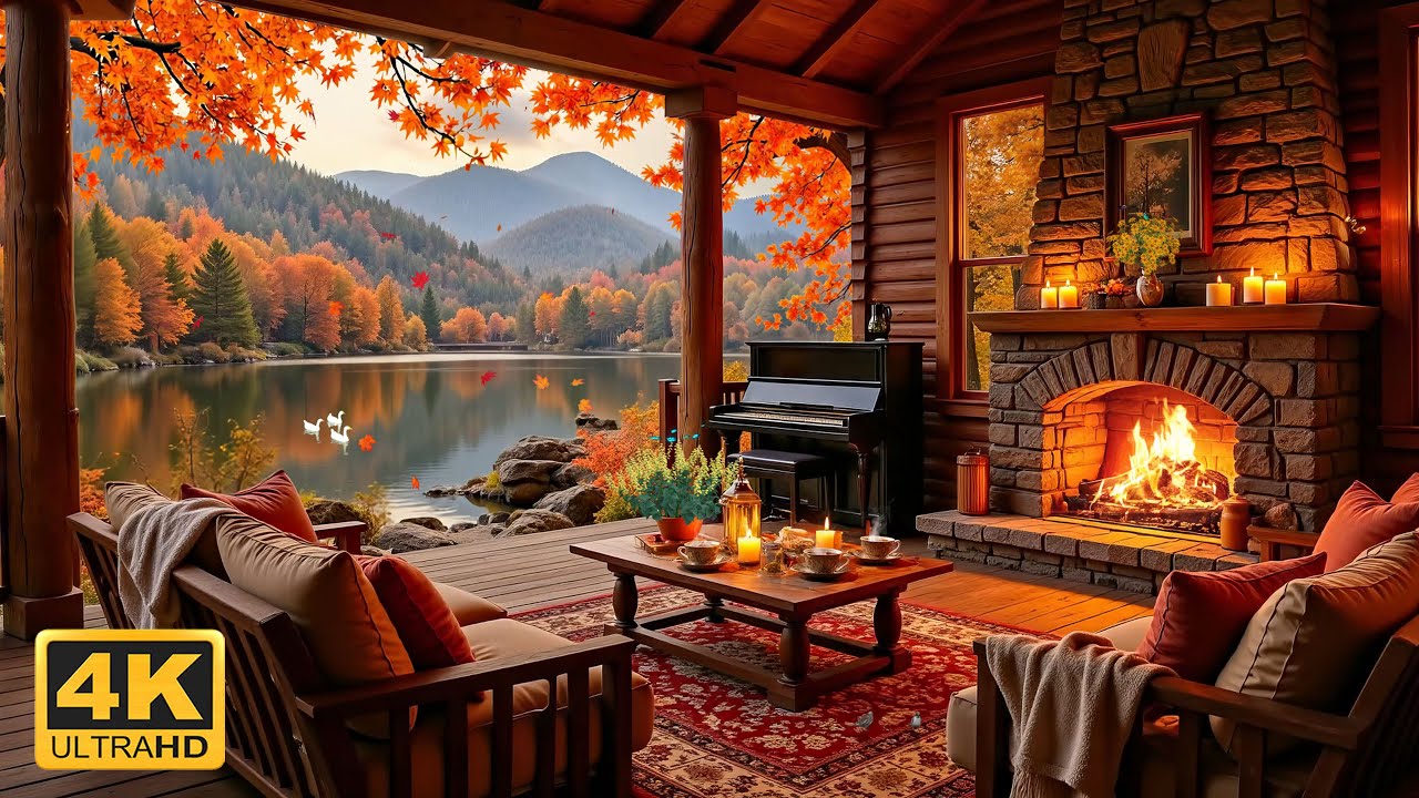 Golden Autumn Cabin Porch 🍂 Fall Colors, Firelight & Tranquil Piano for ...