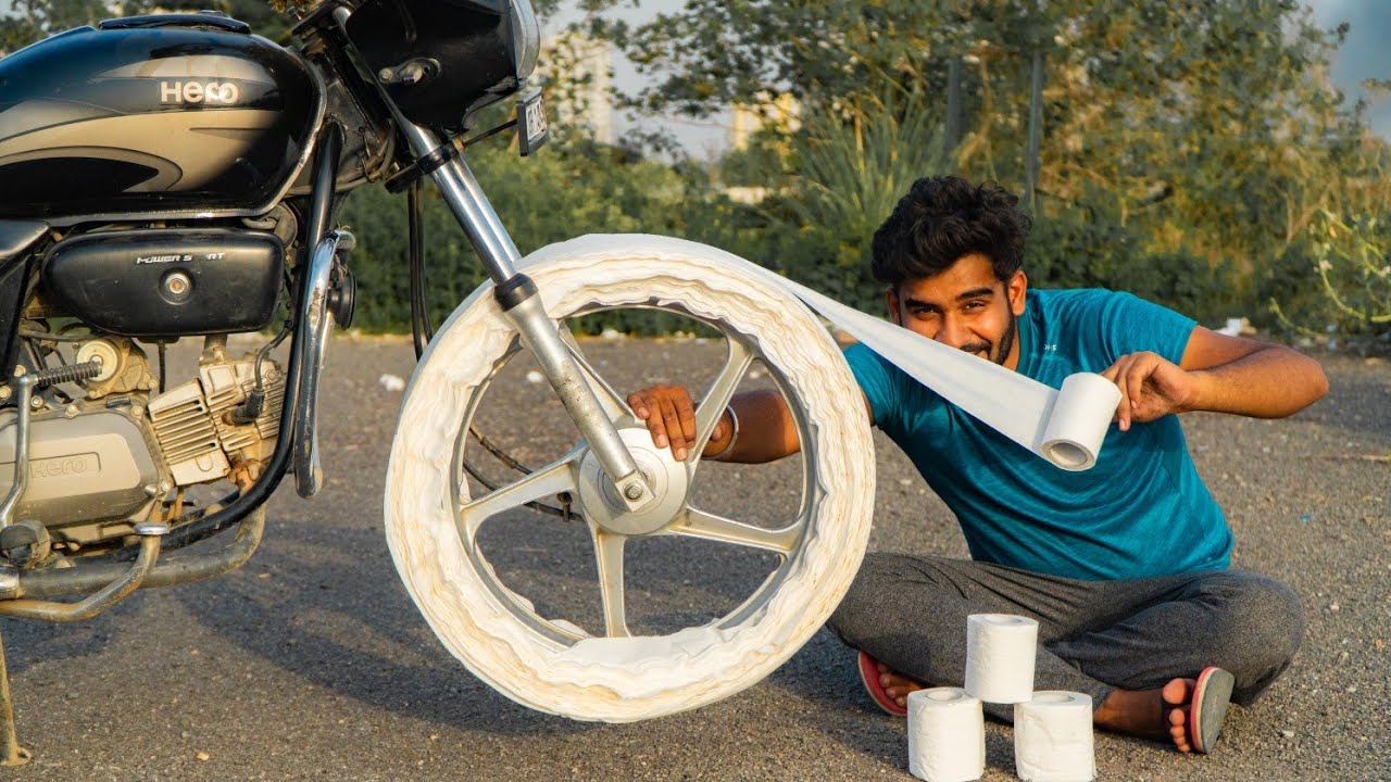 Trying Toilet Paper Tyre in Bike - YouTube