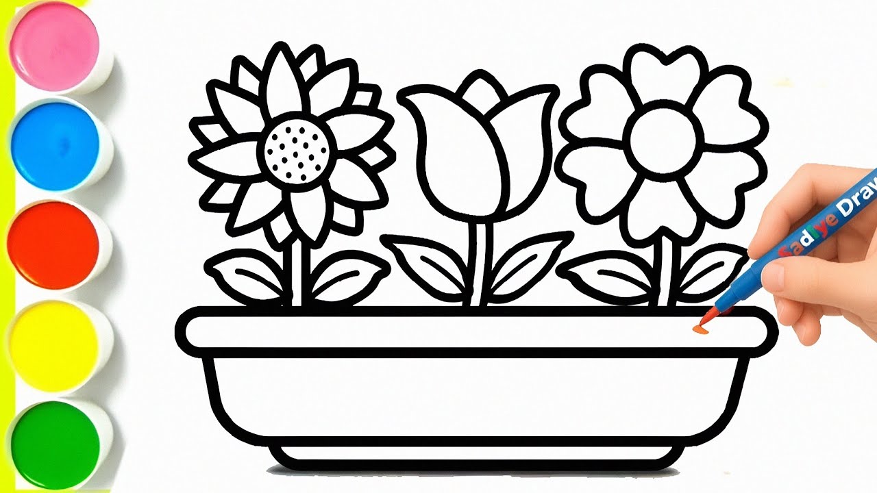 How to Draw a Flower Pot with Flowers - YouTube