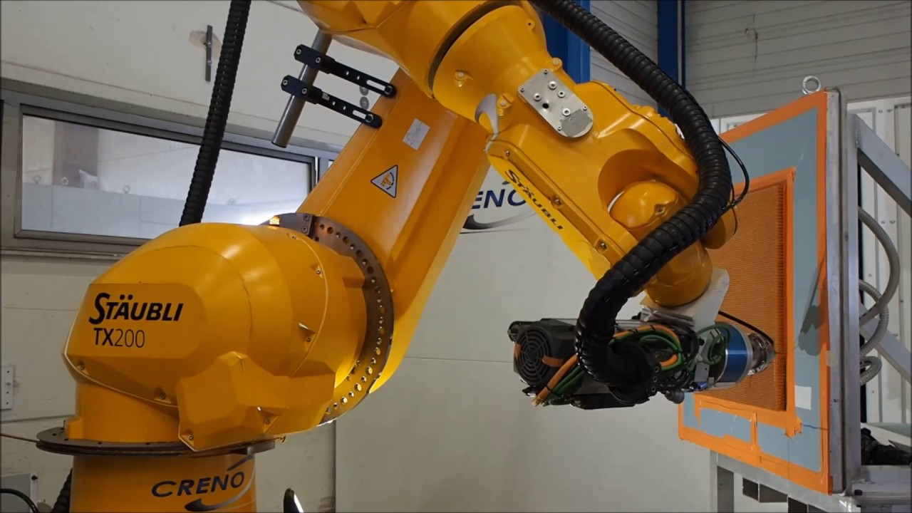 CRENO Robot Cell ultrasonic cutting of Honeycomb on Part n°3 - YouTube