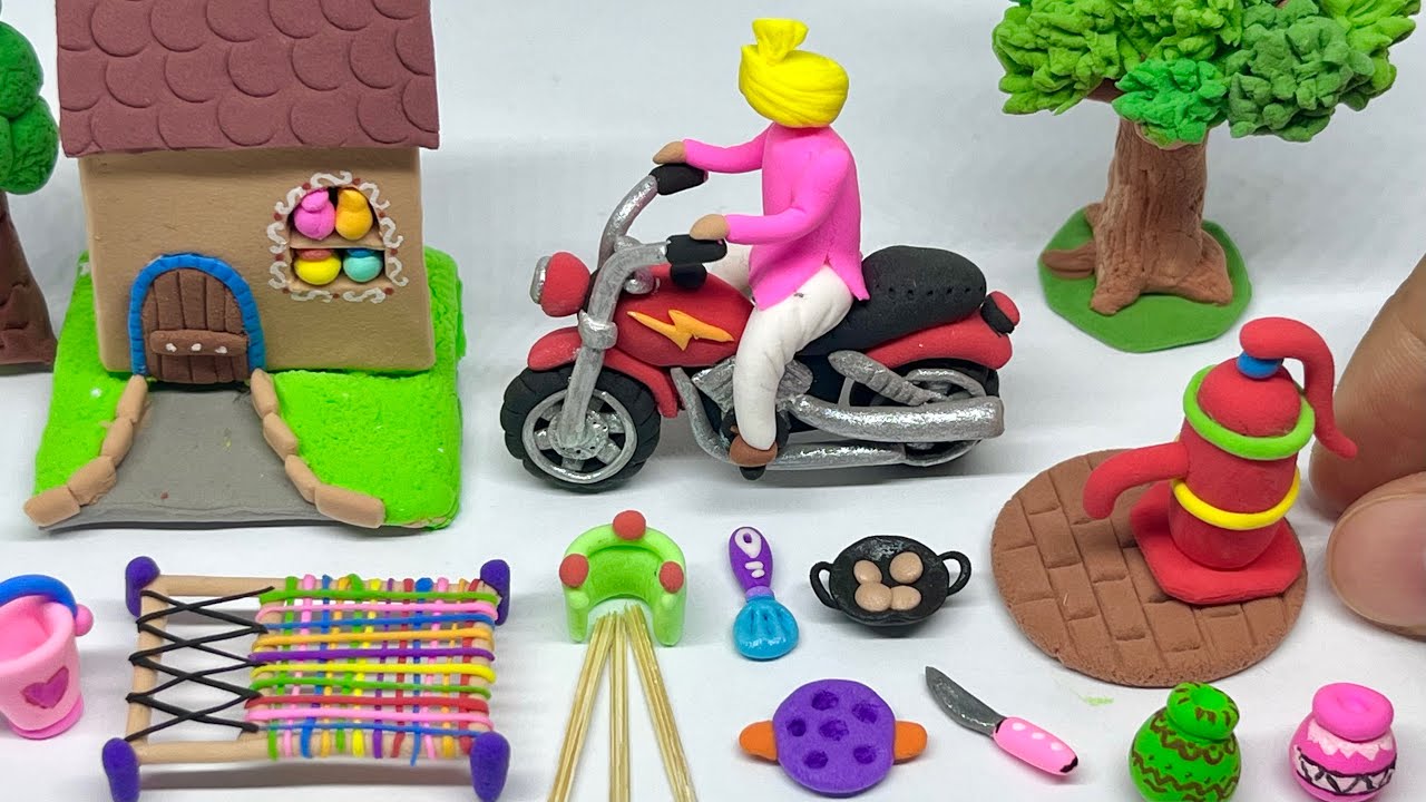 DIY Clay Village Miniatures | How to Make Clay House, Motorbike & Cute ...