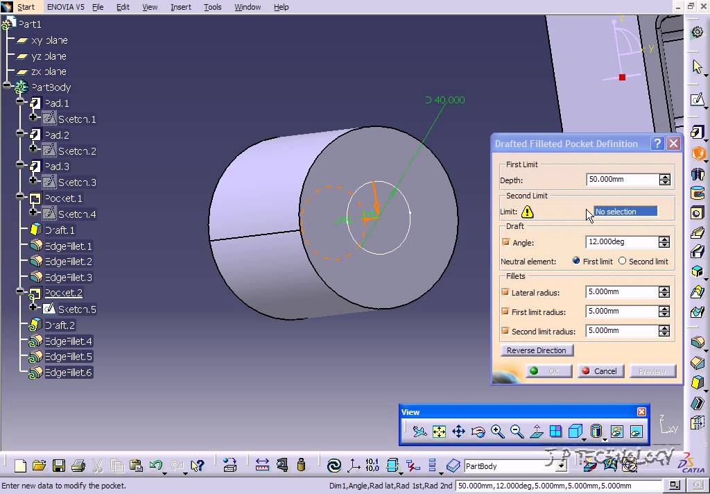 Catia V5 Tutorial-43 Drafted Filleted Pocket - YouTube