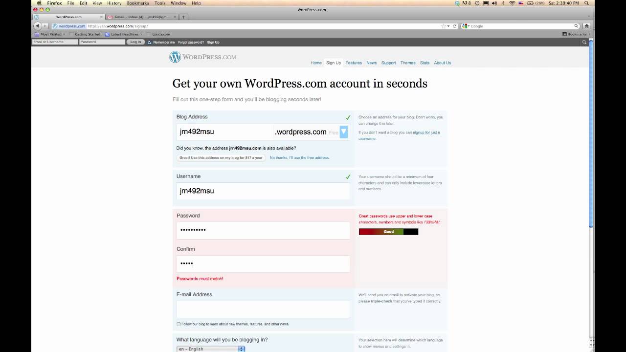 Wordpress.com: How to sign up for a blog - YouTube
