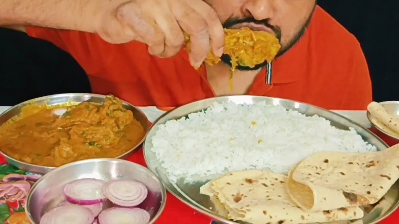 ASMR ; Chicken Curry Jhool | Chicken | Rice+Roti | Onion salad ...