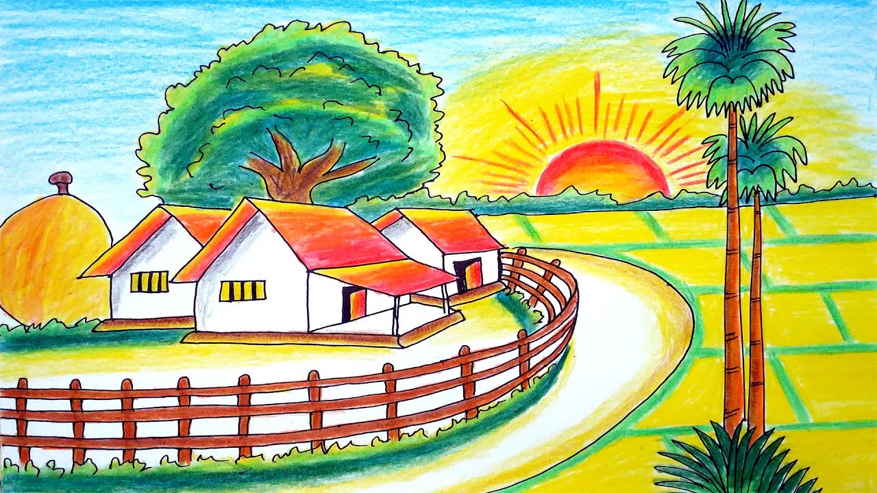 How To Draw A Beautiful Landscape Village Scenery Step By Step With Oil ...